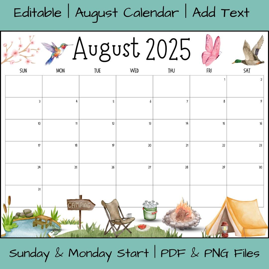 Editable August 2025 Calendar, Printable Fillable Digital Download ...