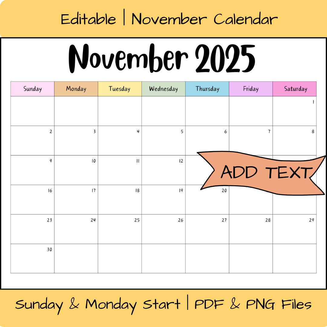 Editable November 2025 Calendar, Printable Wall Calendar, Digital ...