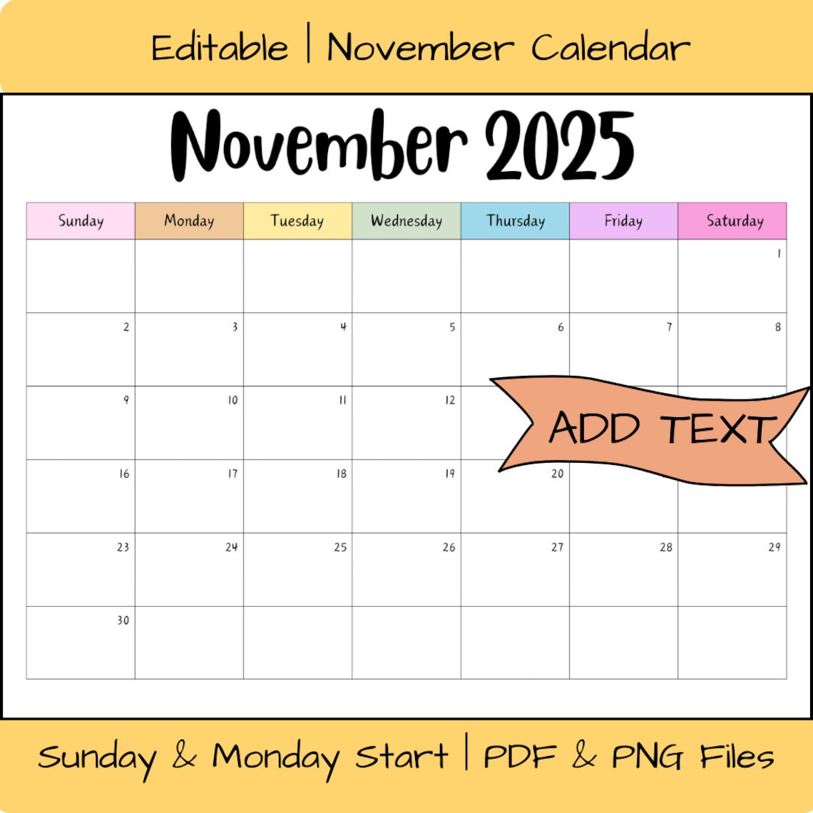 Editable November 2025 Calendar, Printable Wall Calendar, Digital ...