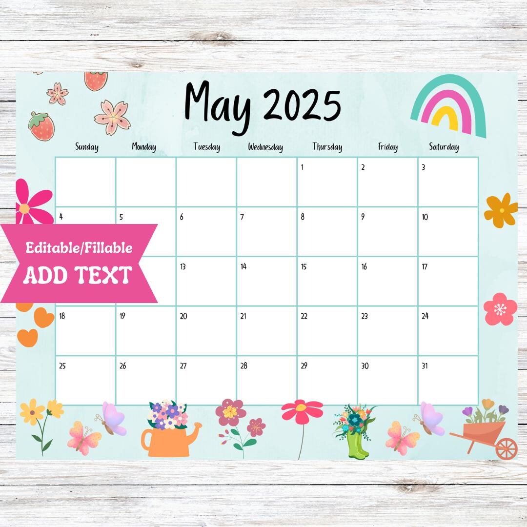 Editable May 2025 Calendar Printable Fillable Activity Planner, Rainbow ...