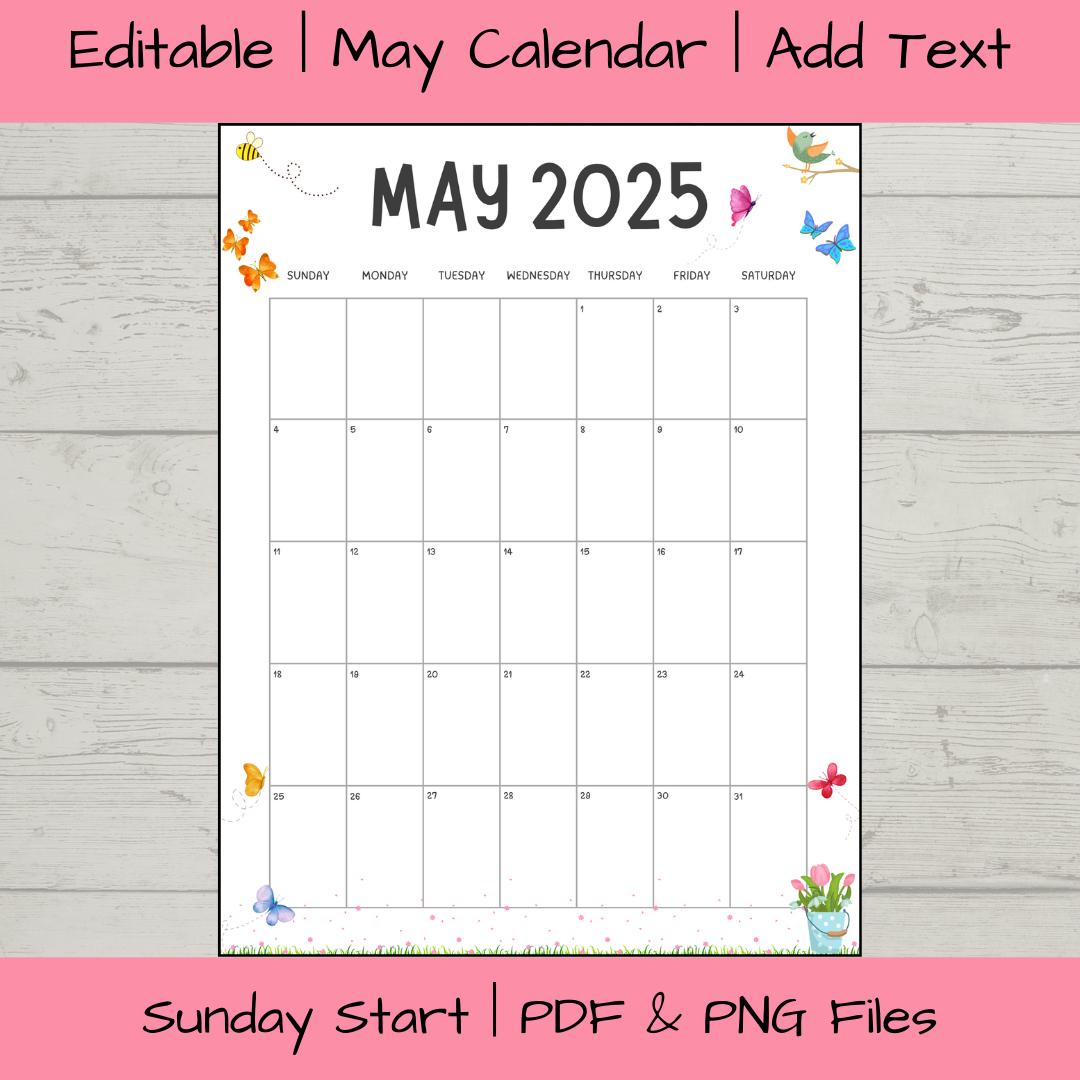 EDITABLE May 2025 Calendar, Printable Wall Calendar, Digital Download ...
