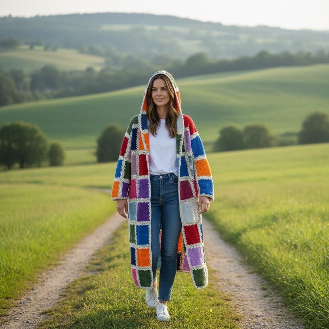 Patchwork Hoodie Boho Long Handknit Cardigan, Tunisian Crochet Jacket ...