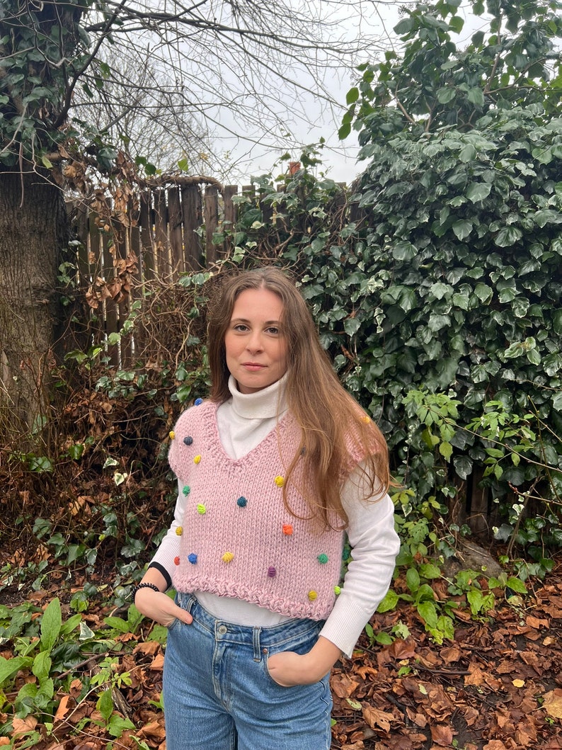 Women's Knitted Wool Pink Popcorn Vest, Knit Tank Top With Colourful ...