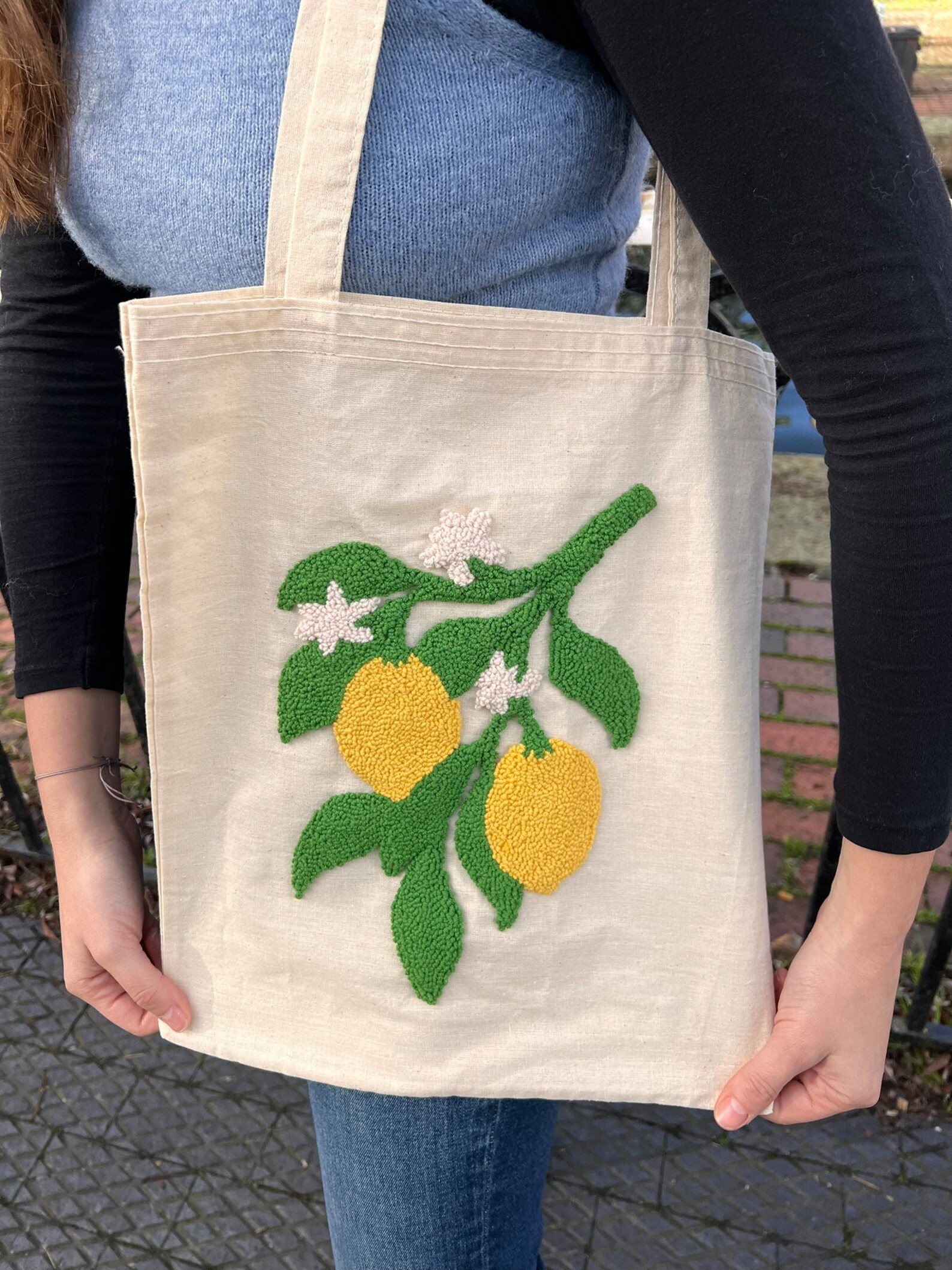 Personalized Punch Needle Lemon Tote Bag: Handmade Cotton Canvas - Etsy