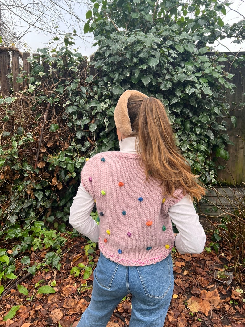 Women's Knitted Wool Pink Popcorn Vest, Knit Tank Top With Colourful ...