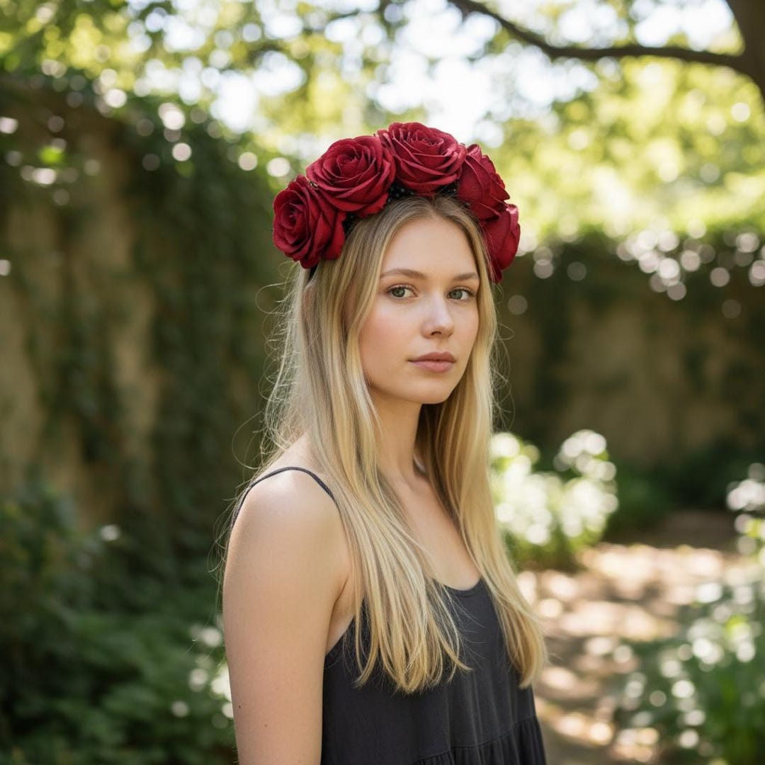 Deep Black Red Flower Crown, Day of the Dead Headband, Black Red Frida ...