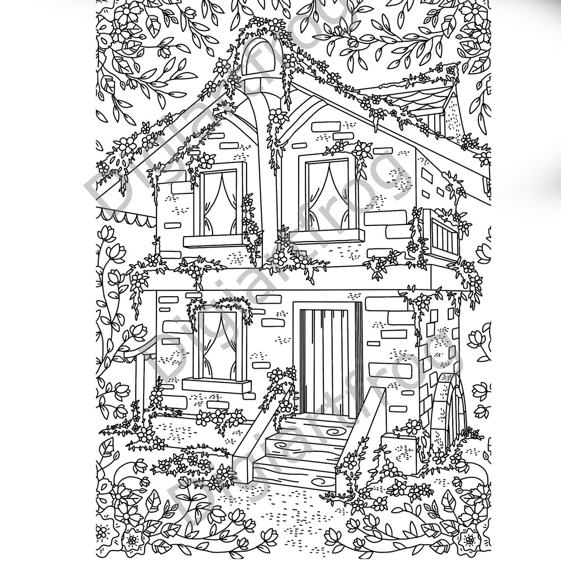 Cottage-core Coloring Page Adult Coloring Sheets Cottage | Etsy