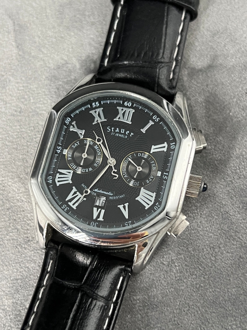 Rare Stauer 27 Jewels Automatic Men's Watch Genuine Leather Strap, Day ...