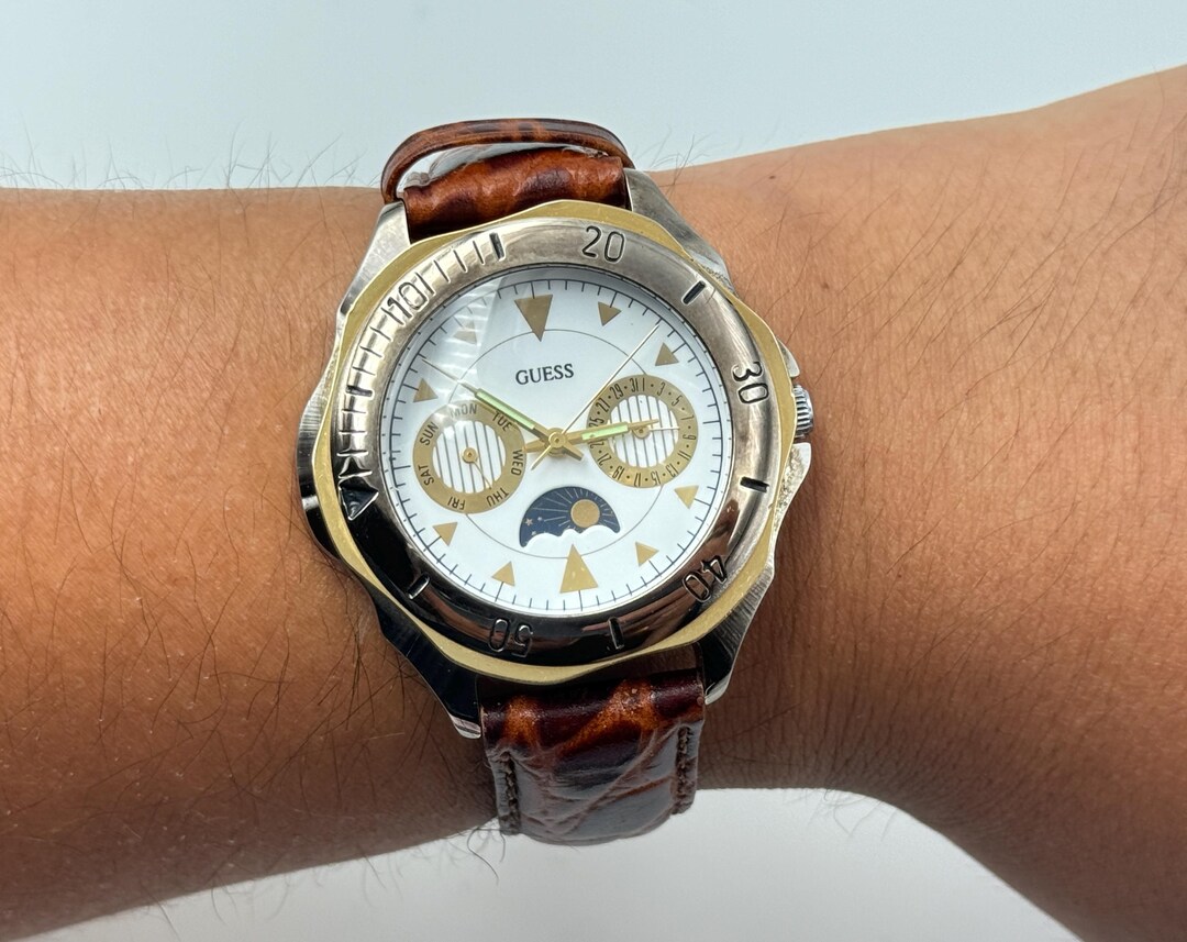 Vintage 1990s Guess Moon Phase Watch, White Dial, Gold-tone Bezel ...