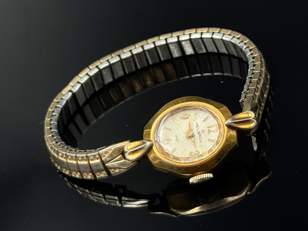 Vintage Helbros Gold Tone Ladies Mechanical Watch, Stretch Band, Runs ...