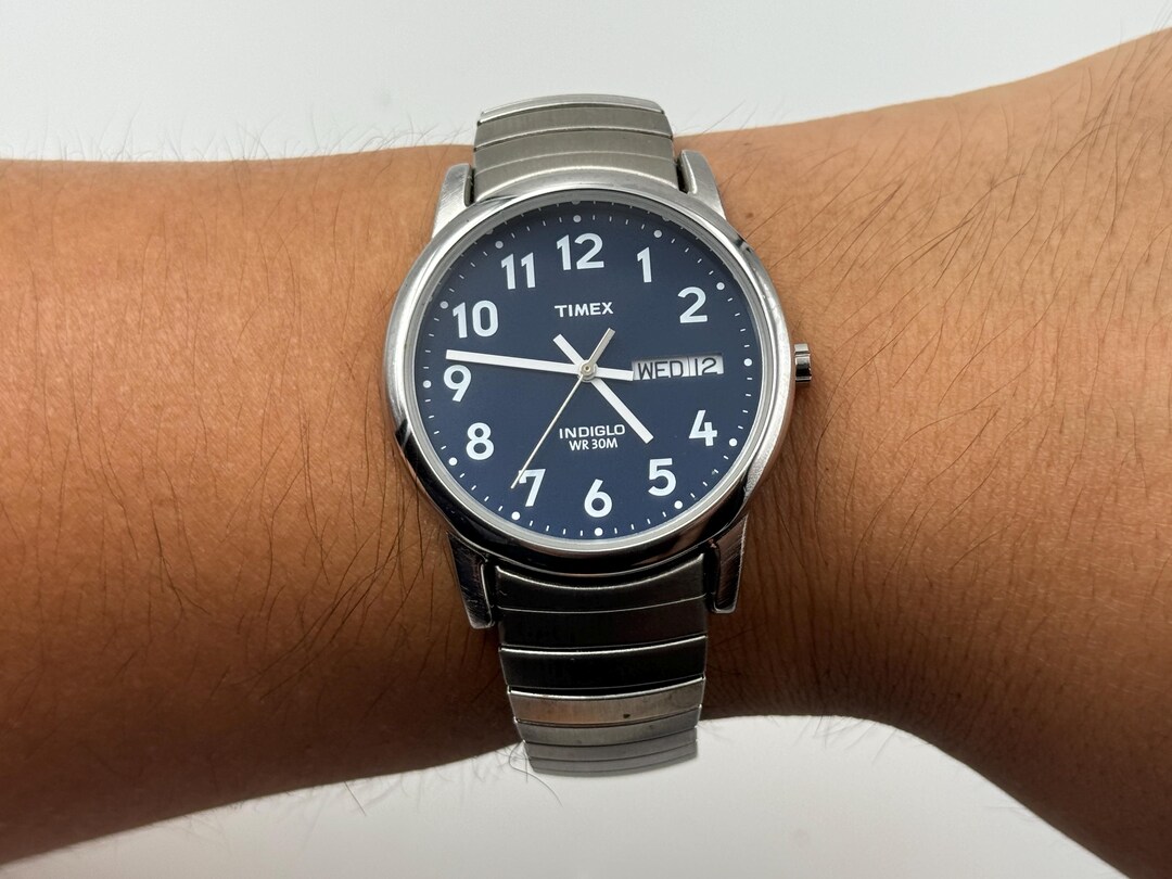 Vintage Timex Indigo WR30M Men's Watch, Blue Dial, Day-date, Stainless Steel Stretch Band, Runs ...
