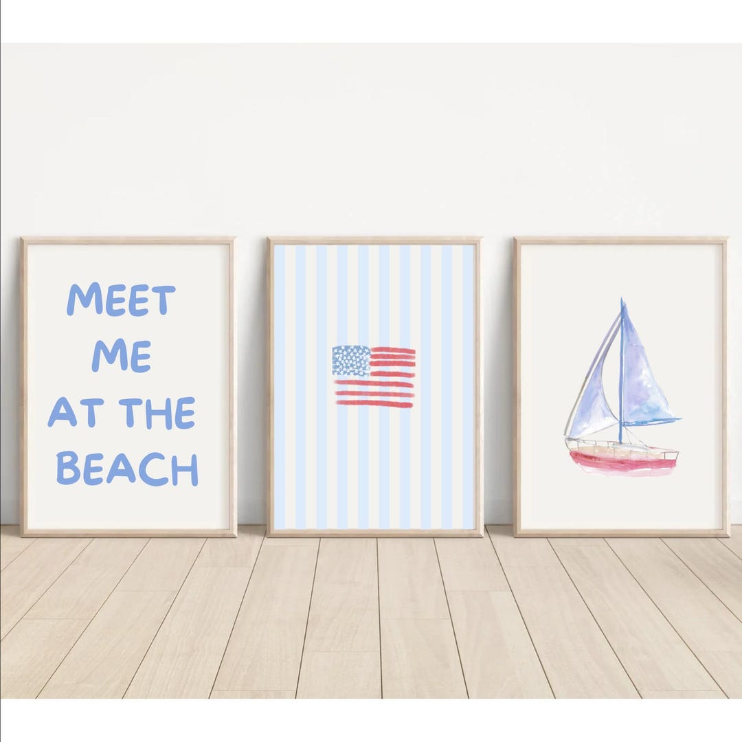 Coastal Wall Art Set of 3, Coastal American Flag, East Coast Sailboat ...