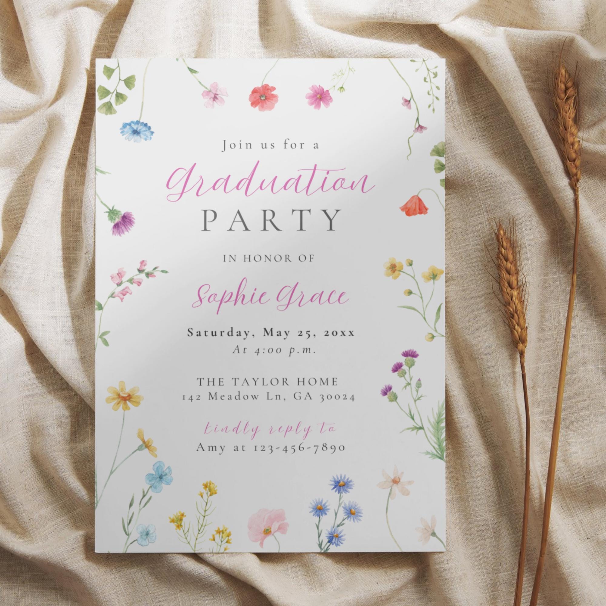 Wildflower Graduation Party Invitation, Floral Minimalist Grad Photo ...