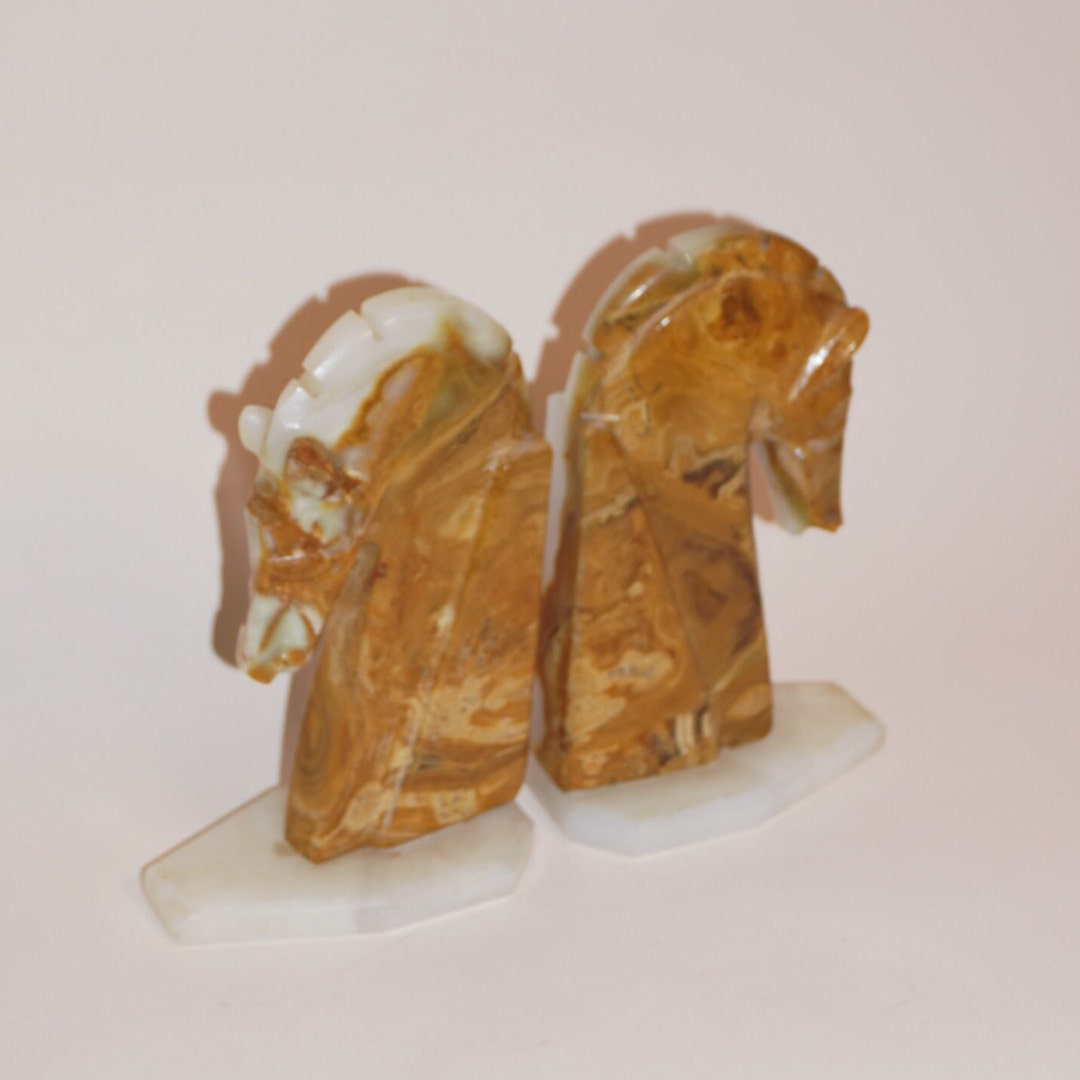 Pair of Art Deco Style Onyx Horse Head Bookends, Vintage Brown Onyx ...