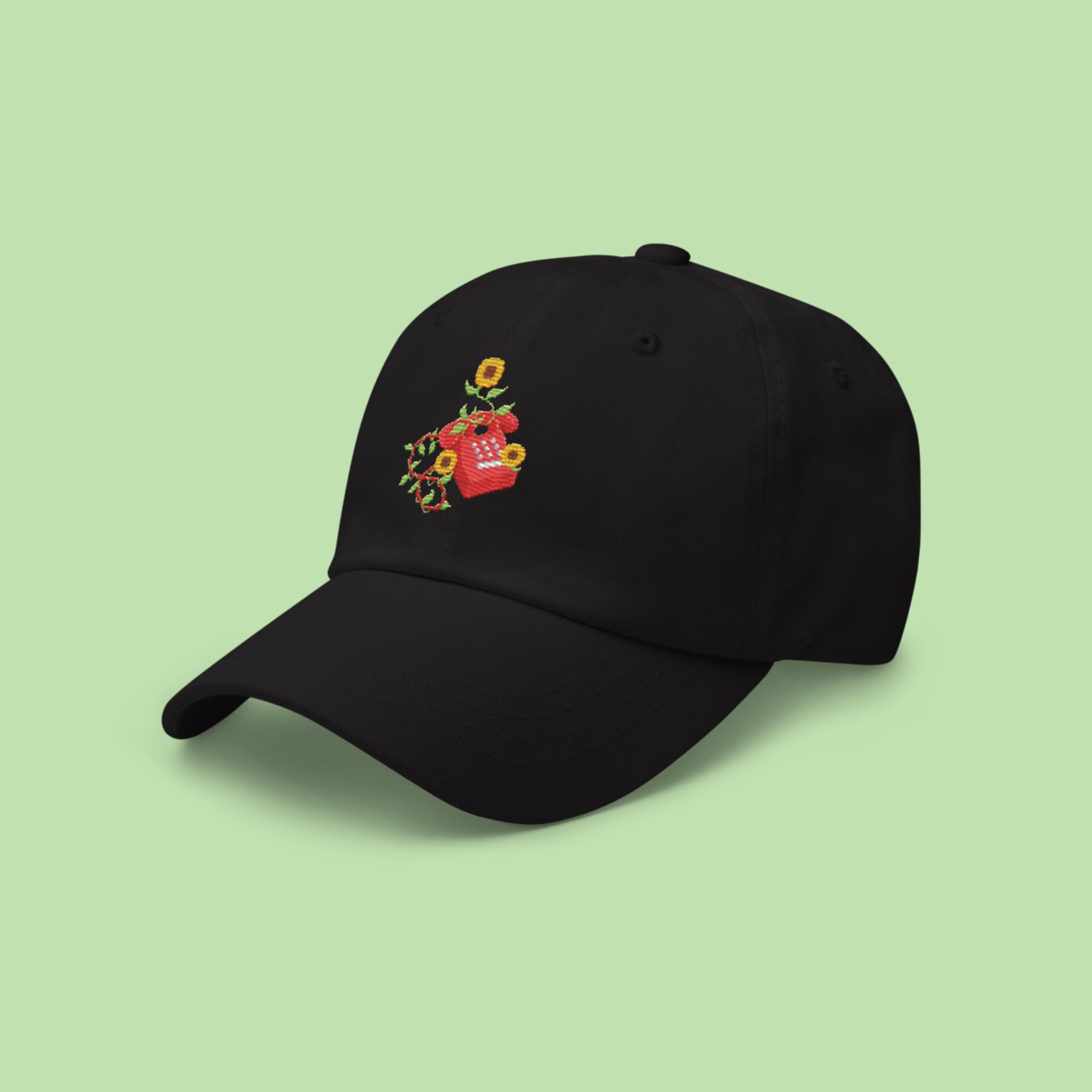 Cottagecore Pixel Sunflower Cap – Embroidered 60s Phone Hat, Navy or ...