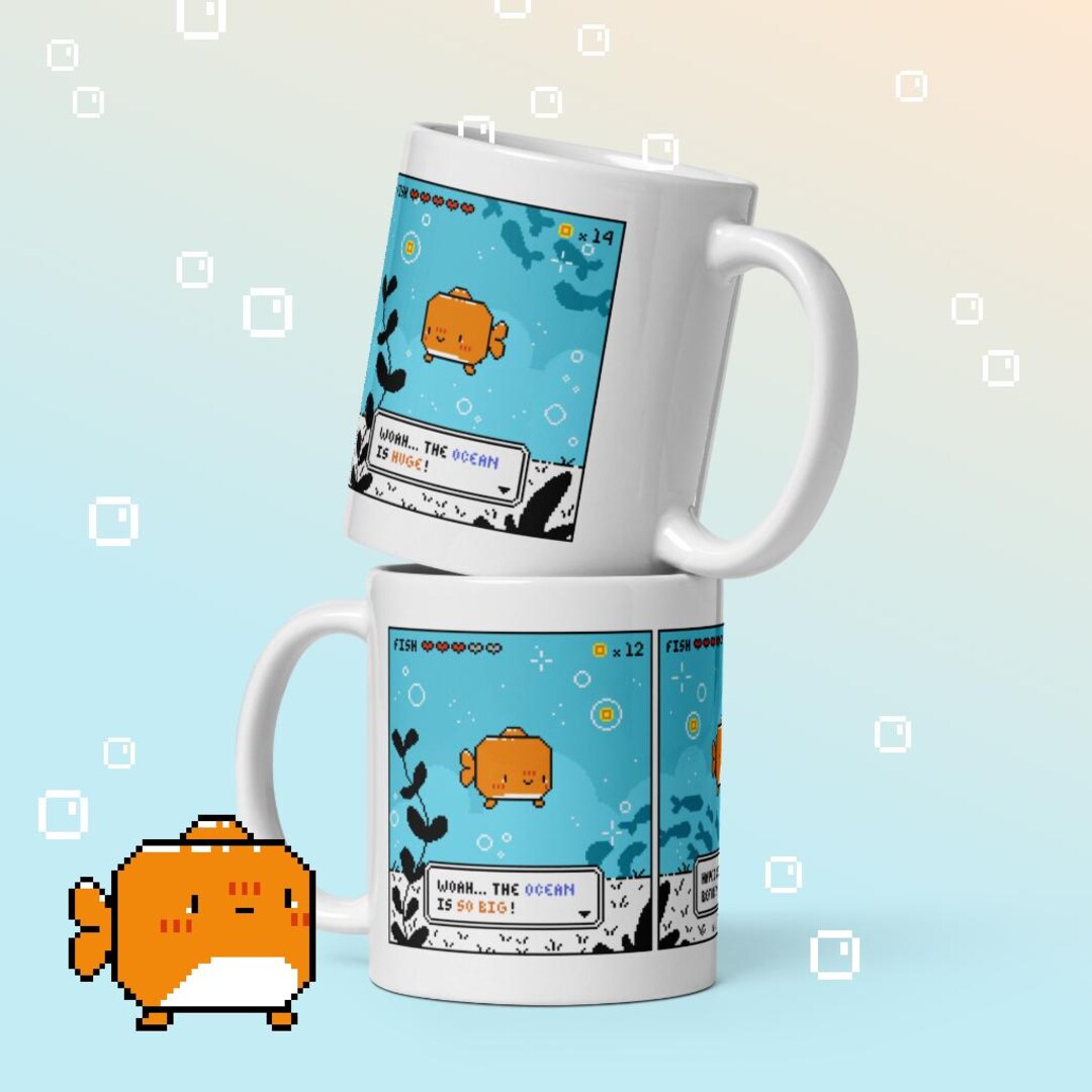 Funny Pixel Art Goldfish Mug – 8-bit Ocean Comic Strip Cup – Retro ...