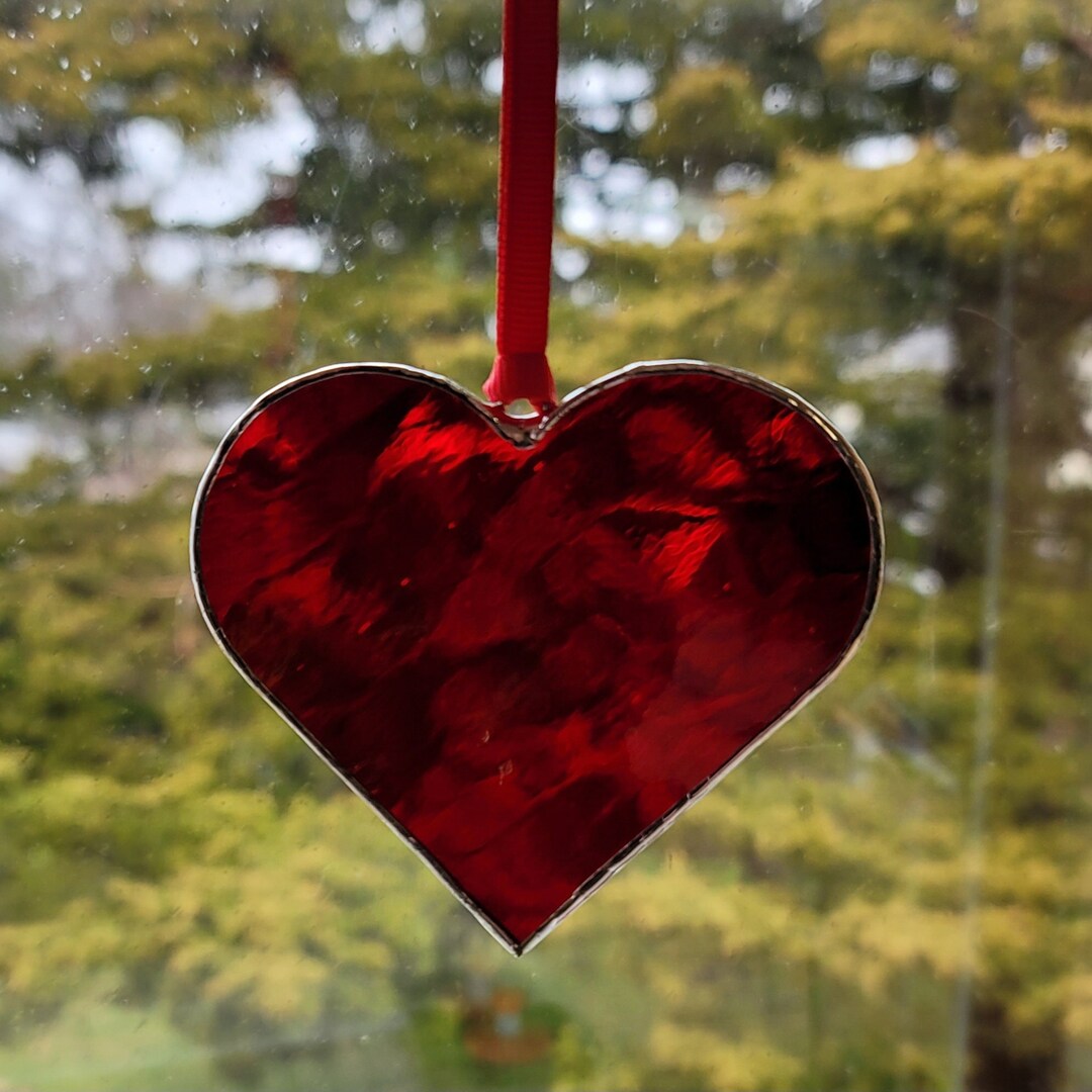 Ruby Red Stained Glass Heart Suncatcher / Ornament / Wall Decor- Water ...