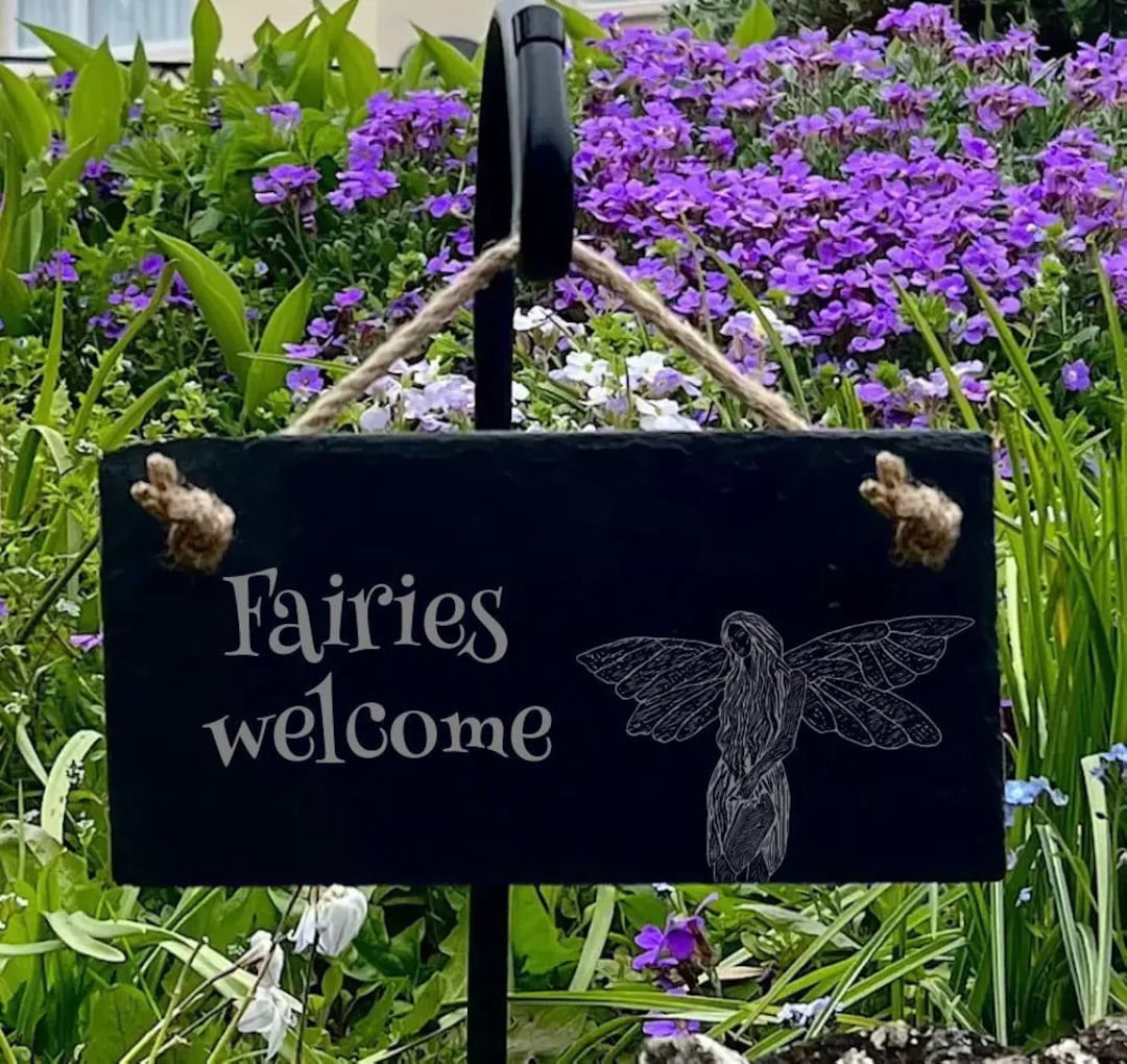 Fairies Welcome - Natural Slate Garden Sign, Fairy Garden Sign, Pixie ...