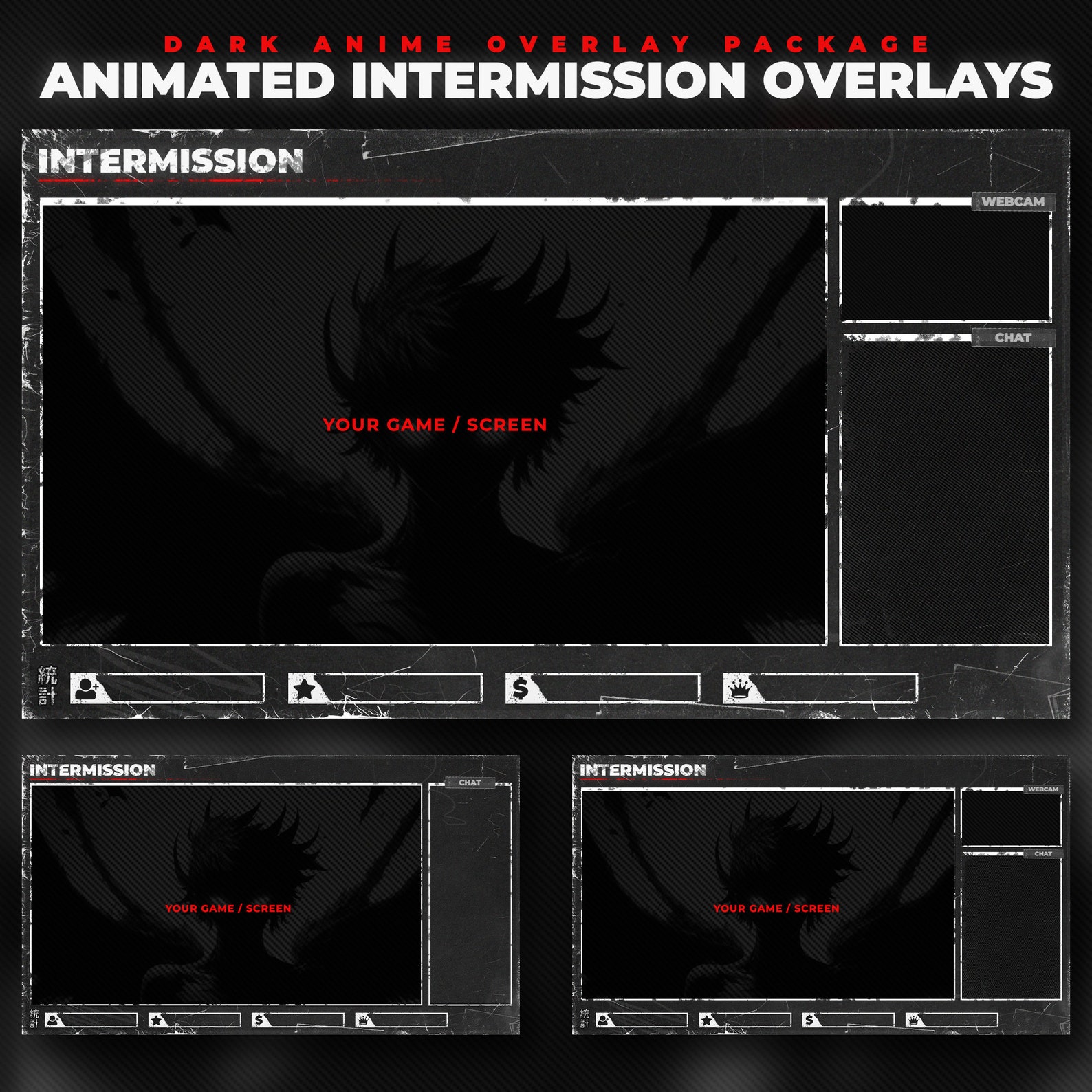 Dark ANIME STREAM OVERLAY Pack Animated / Dark Anime Twitch Pack ...