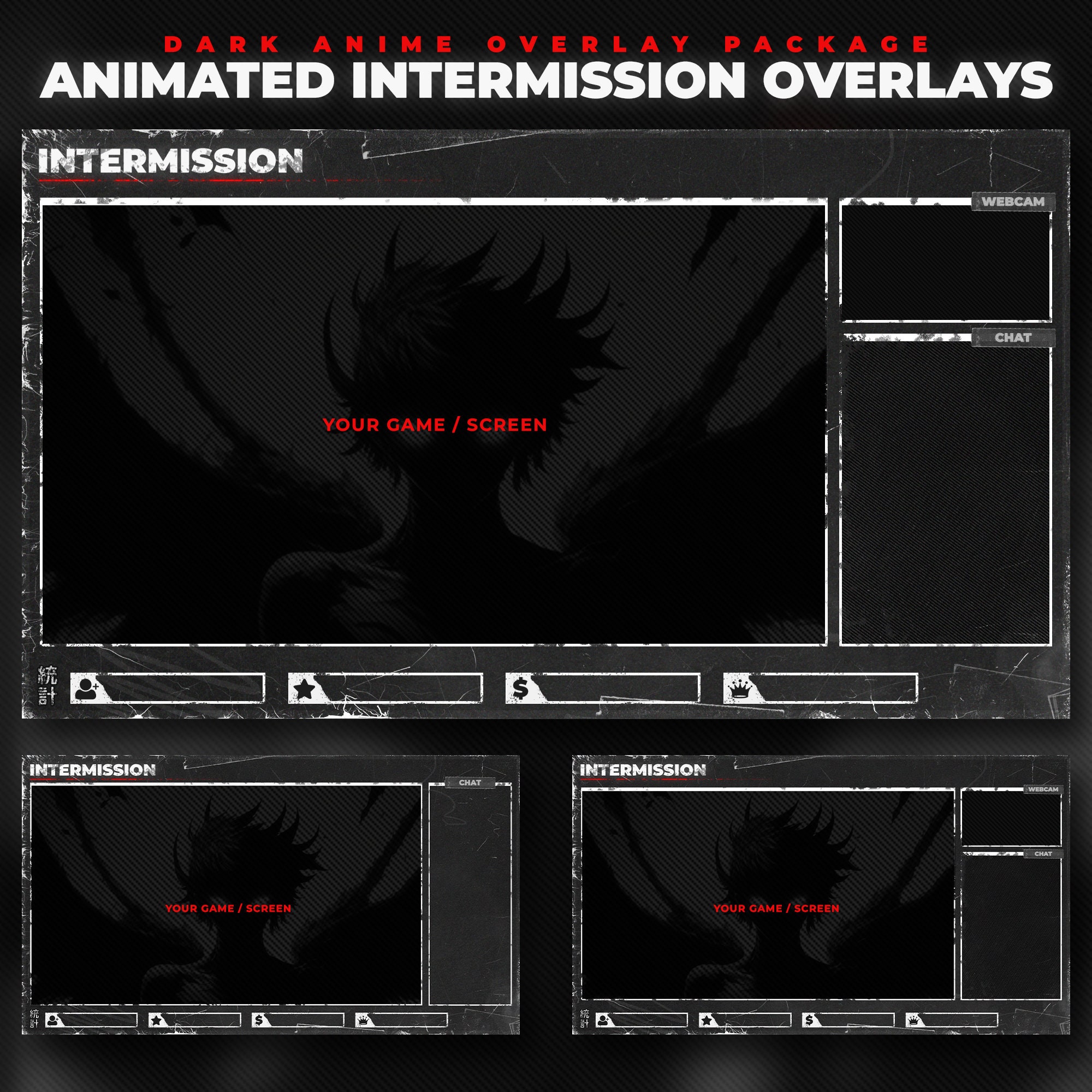 Dark ANIME STREAM OVERLAY Pack Animated / Dark Anime Twitch Pack ...