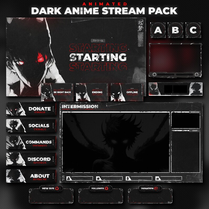 Dark ANIME STREAM OVERLAY Pack Animated / Dark Anime Twitch Pack ...