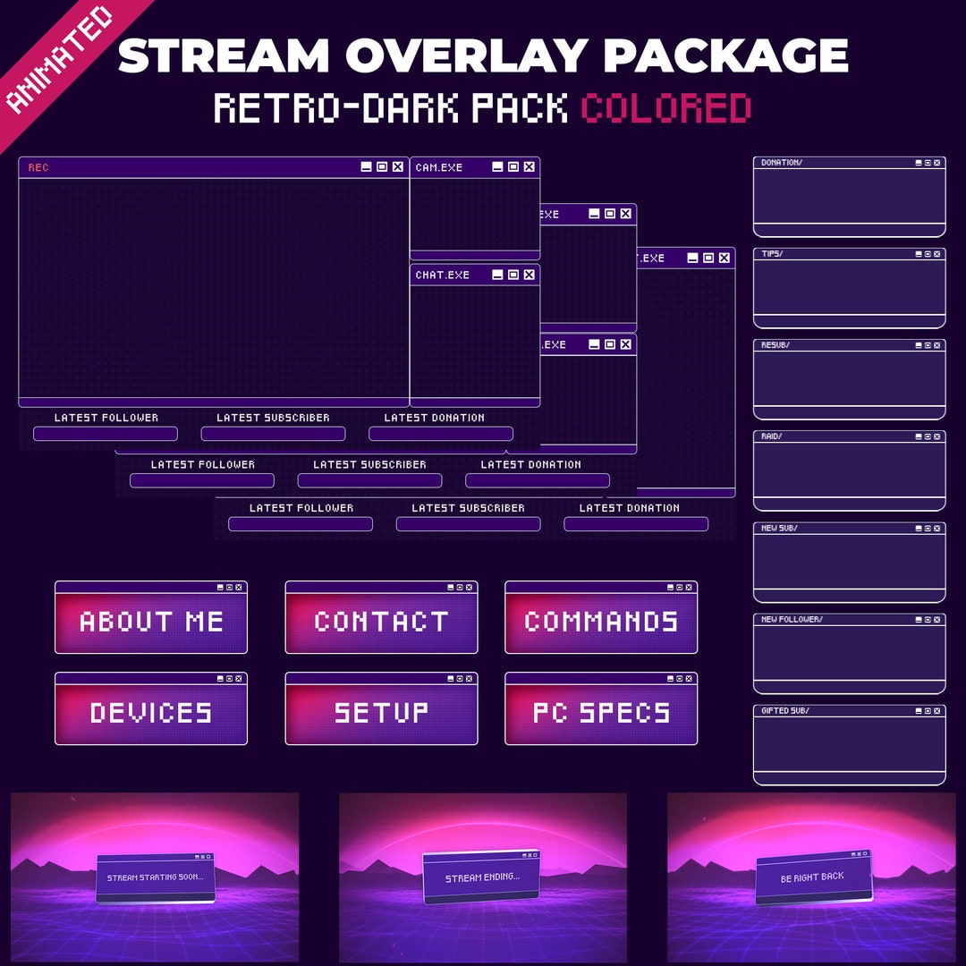 Animated DARK RETRO Twitch OVERLAY Package Minimal Purple Twitch Theme ...