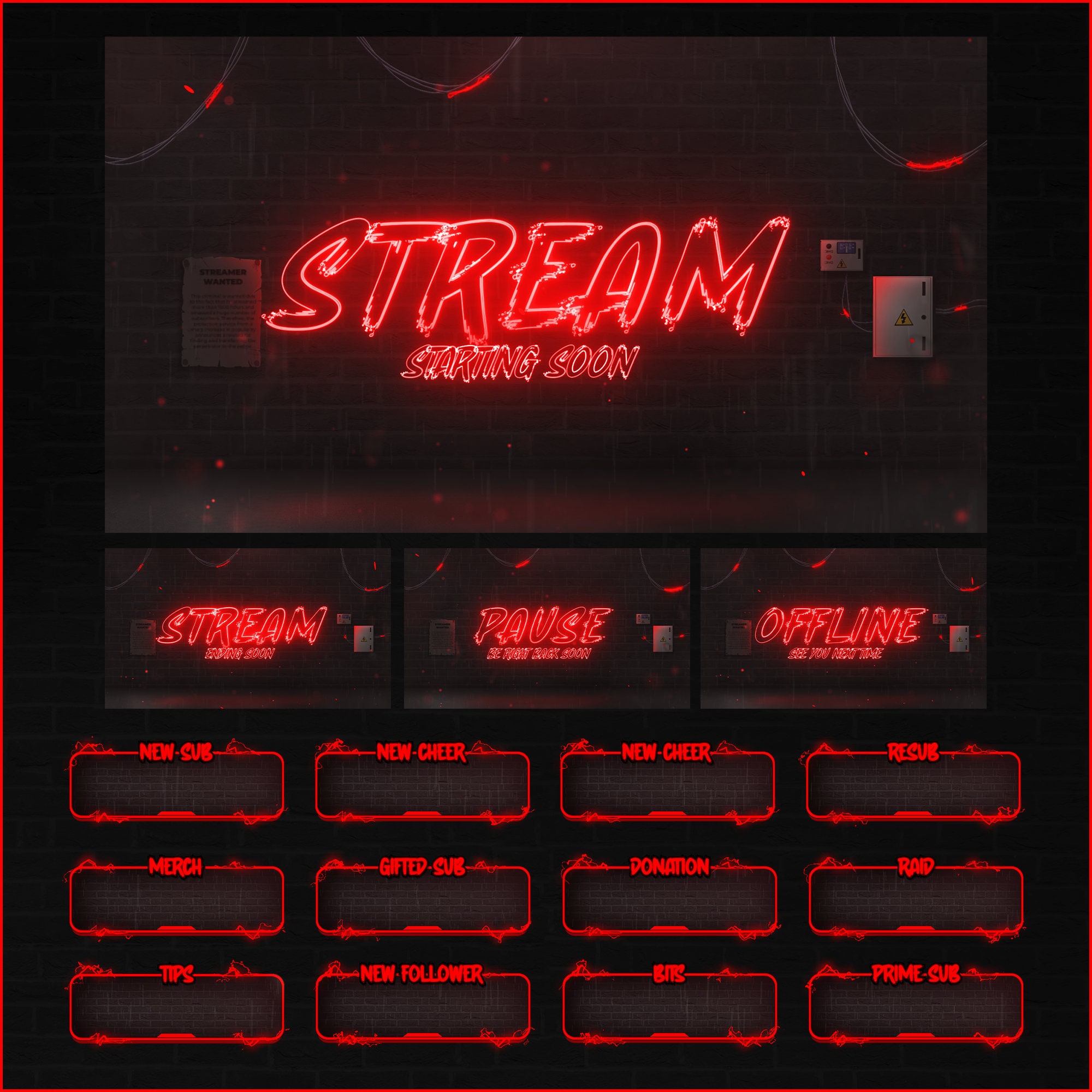 Overlays Stream Animated RED Neon Style Twitch Package - Etsy