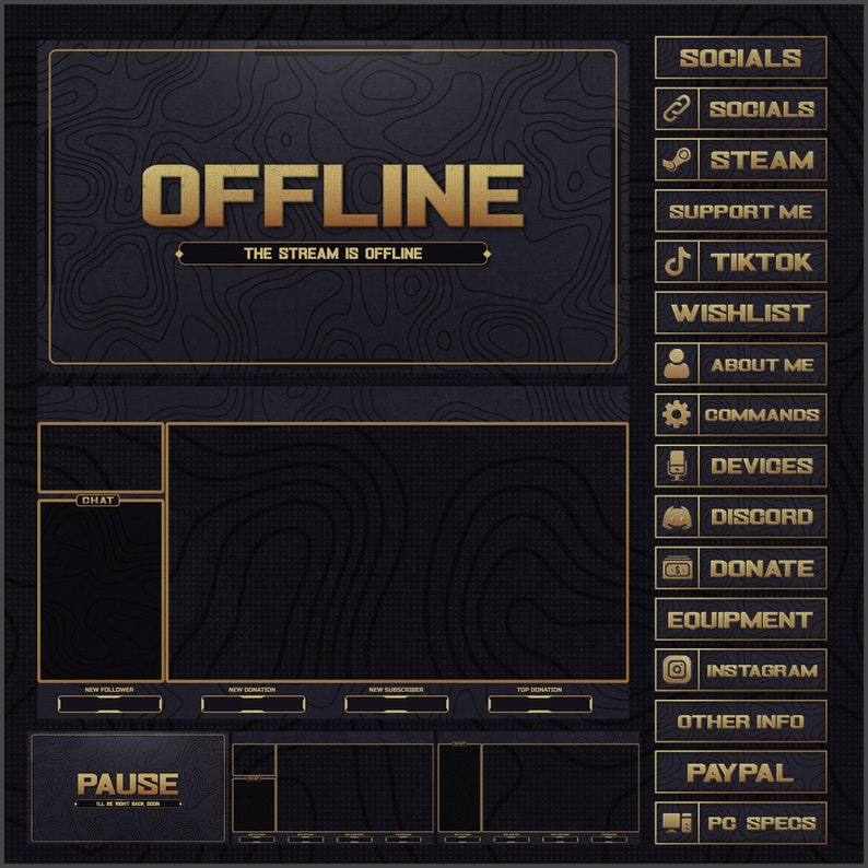 Gray, Gold, Clean Animated Twitch Topographic Style Overlay Complete Stream Package Made for ...