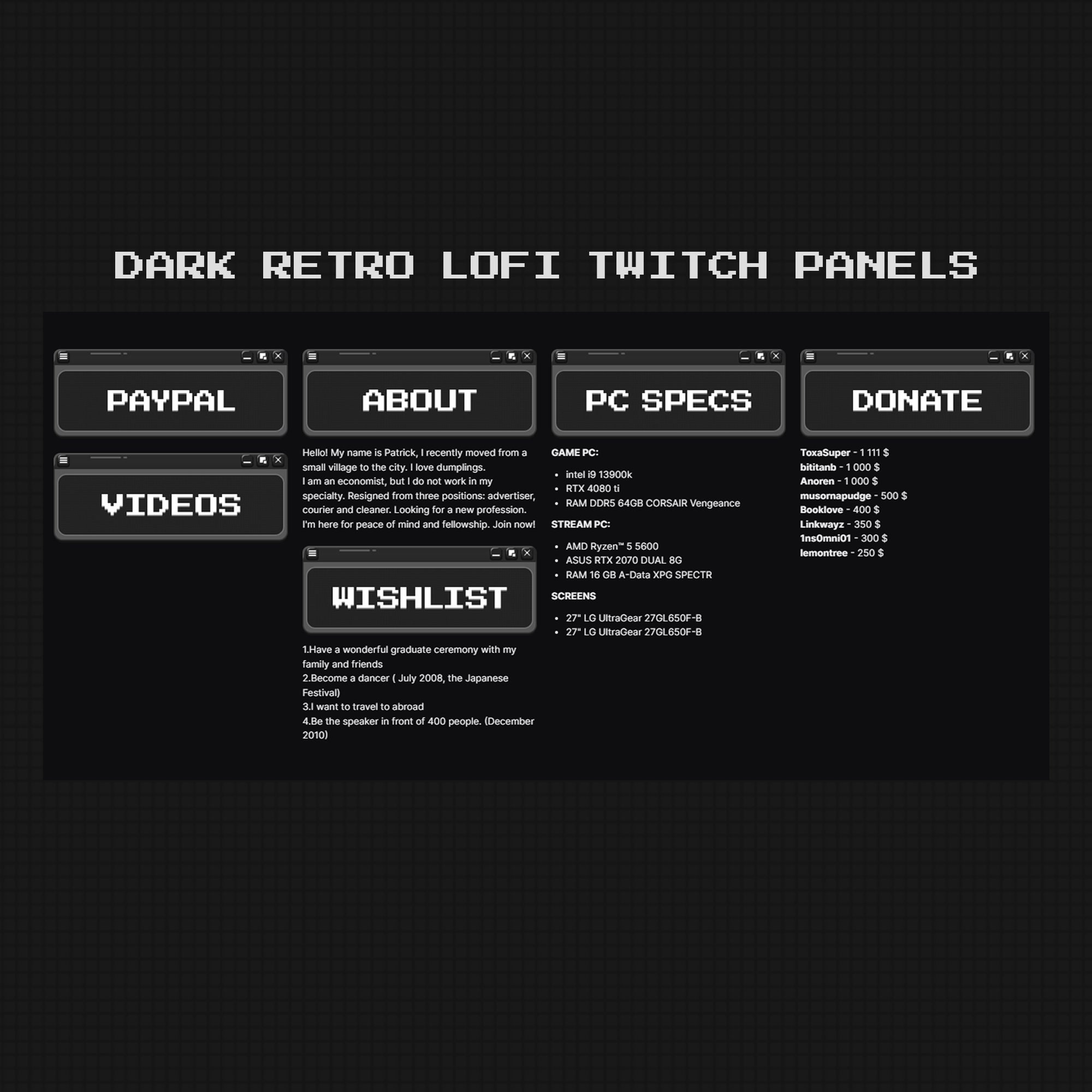 DARK RETRO COMPUTER Twitch Panels. Dark Twitch Panels in a Lofi Style ...