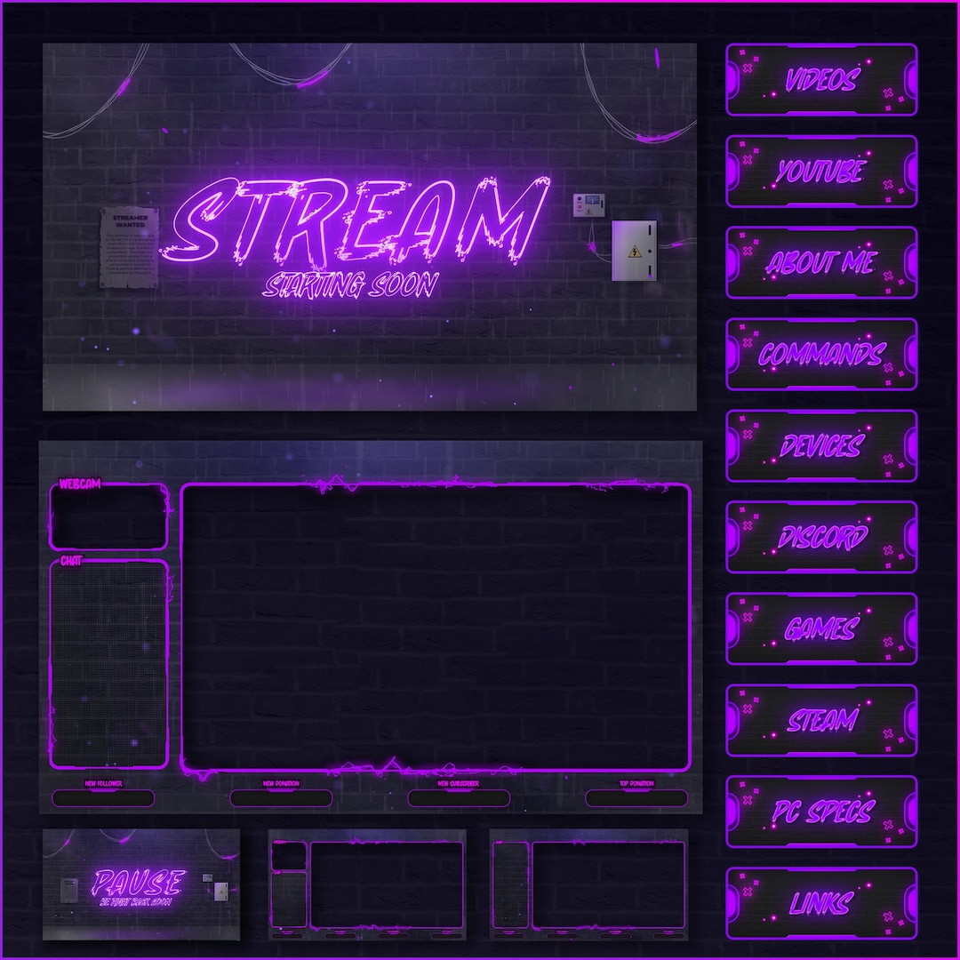 Overlays Stream Animated PURPLE Neon Style Twitch Package - Etsy