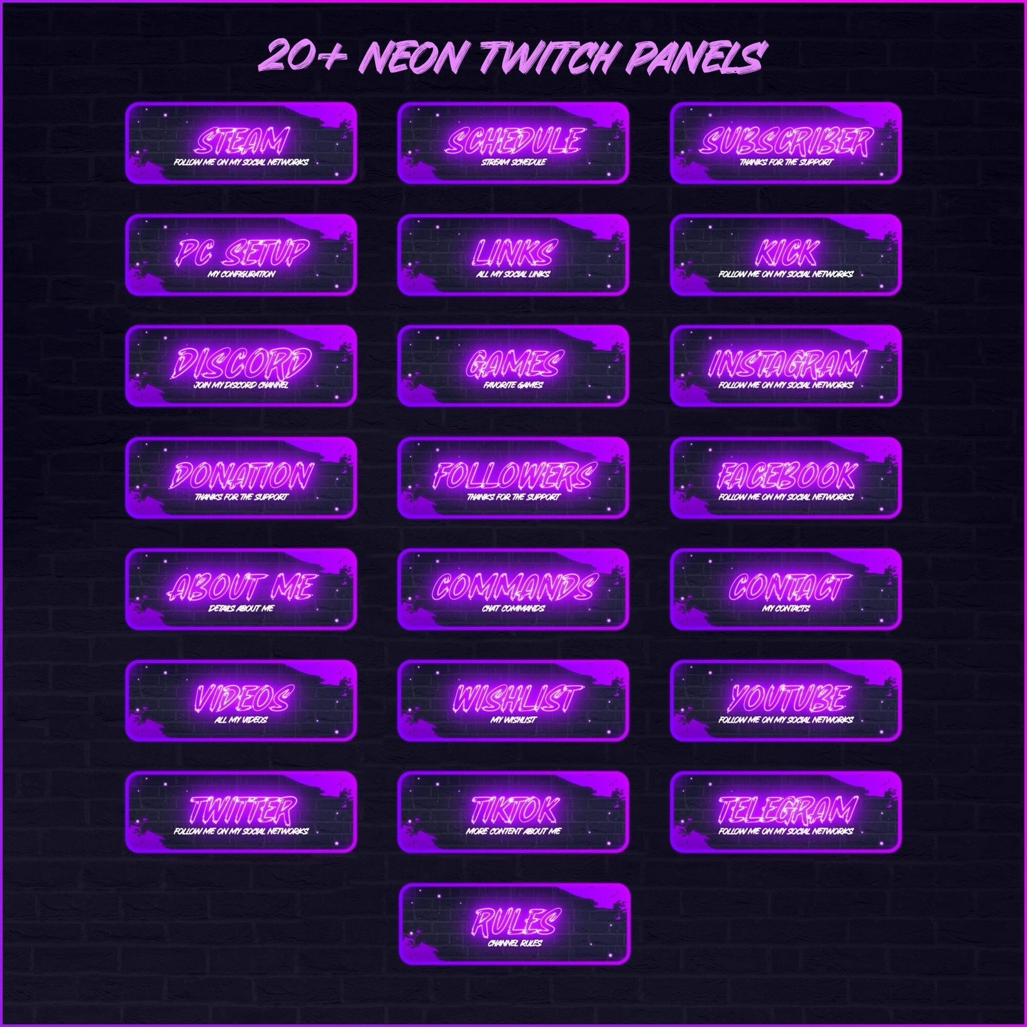PURPLE NEON PANELS for Twitch. Designs Panels for Twitch Profile - Etsy