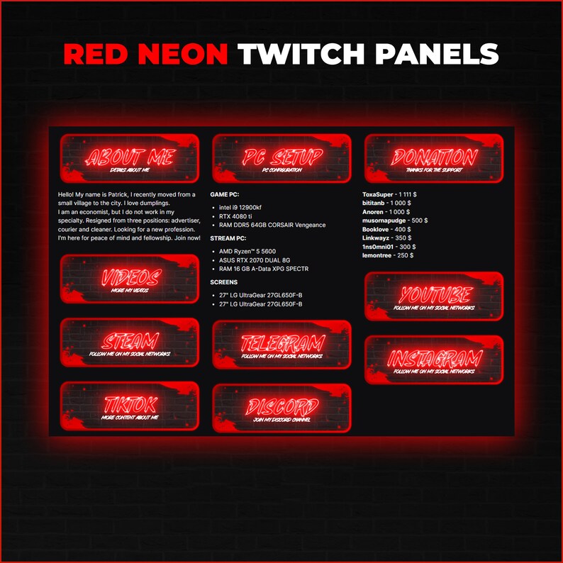 RED NEON PANELS for Twitch. Designs Panels for Twitch Profile - Etsy