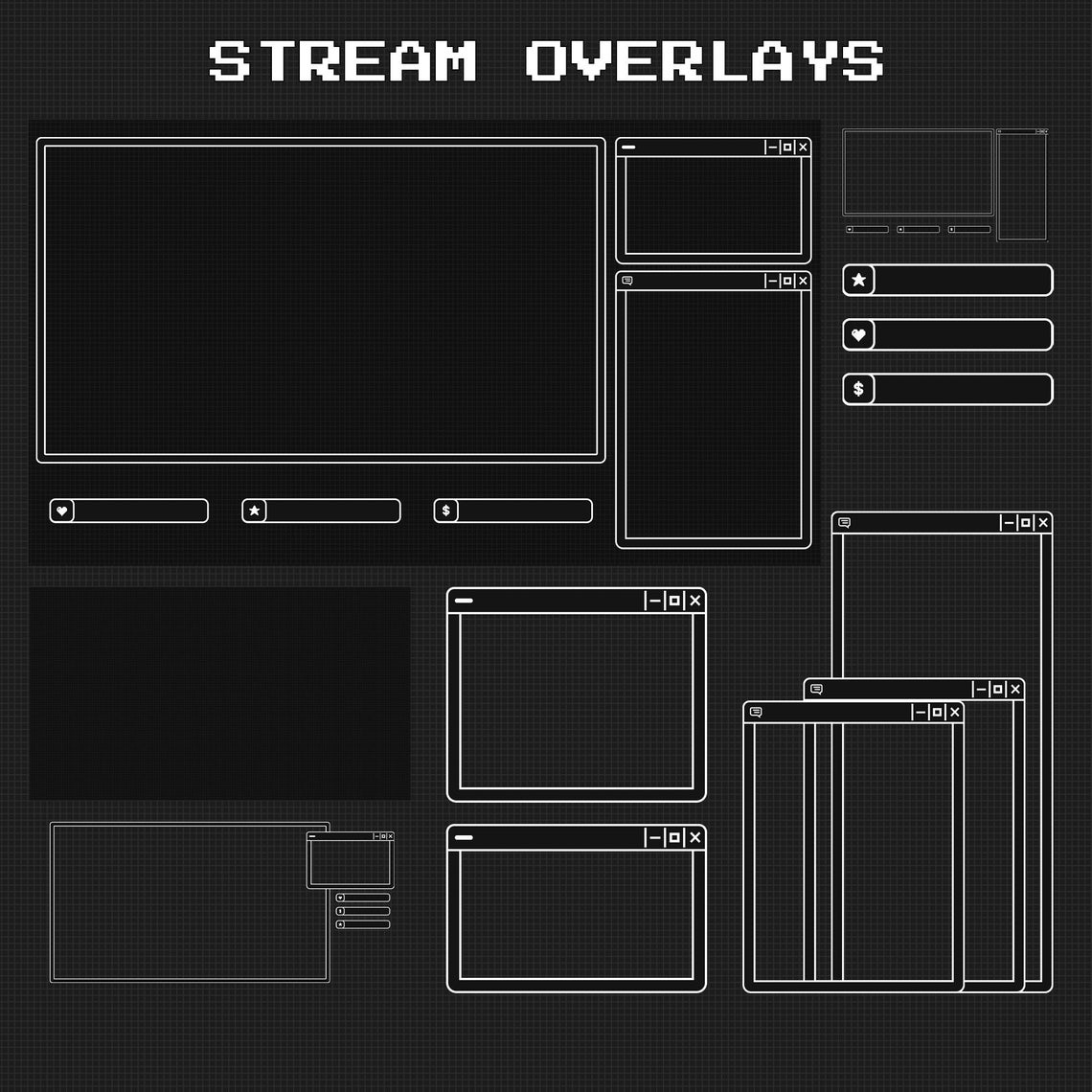 Black White Simple Stream Overlay Package for Twitch, DARK Windows ...