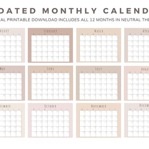 Undated Monthly Calendar, Neutral Theme, Organization, Printable ...