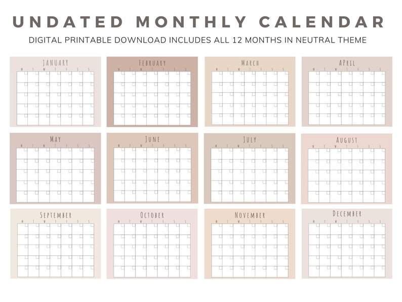 Undated Monthly Calendar, Neutral Theme, Organization, Printable ...