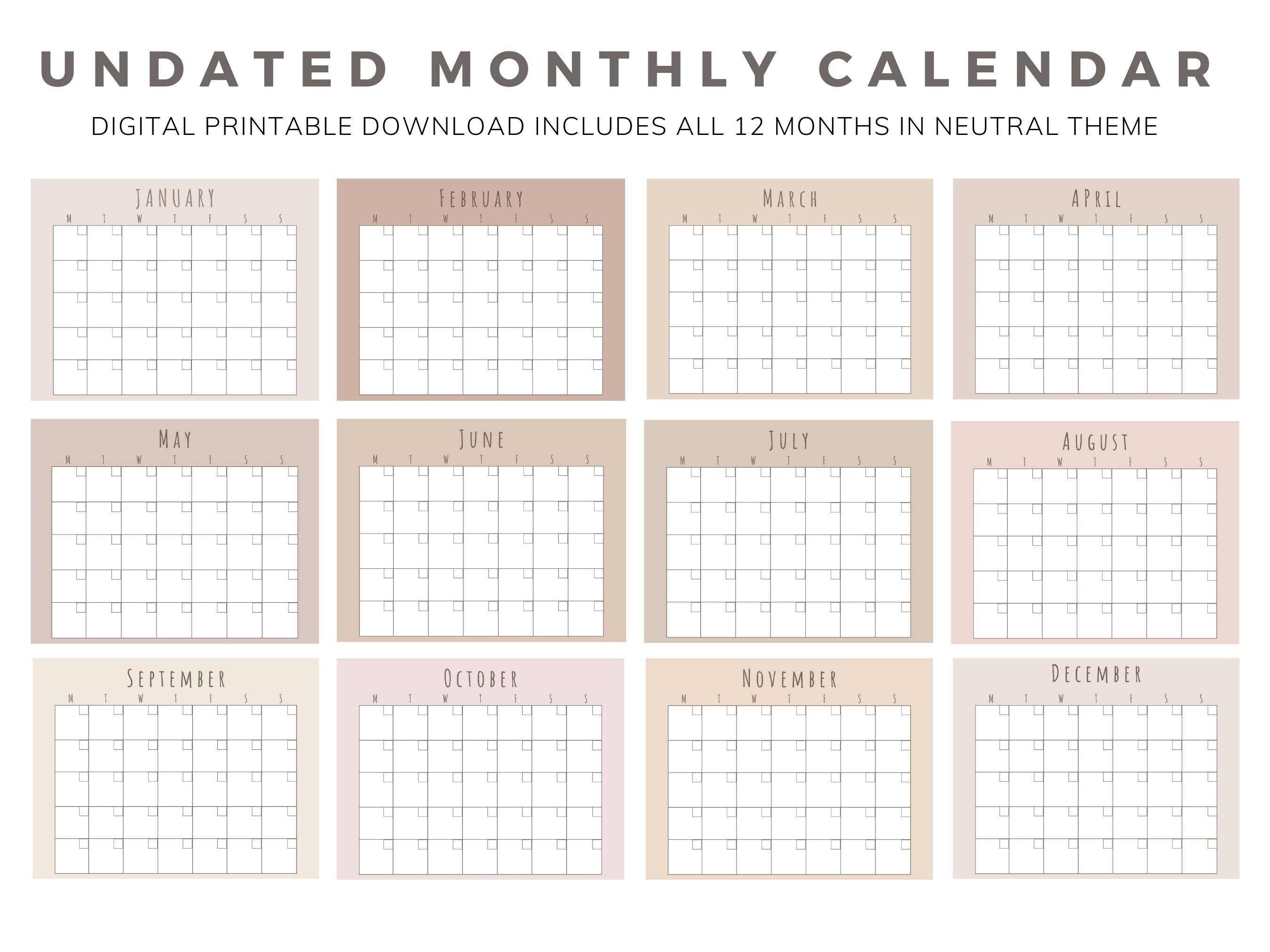 Undated Monthly Calendar, Neutral Theme, Organization, Printable ...