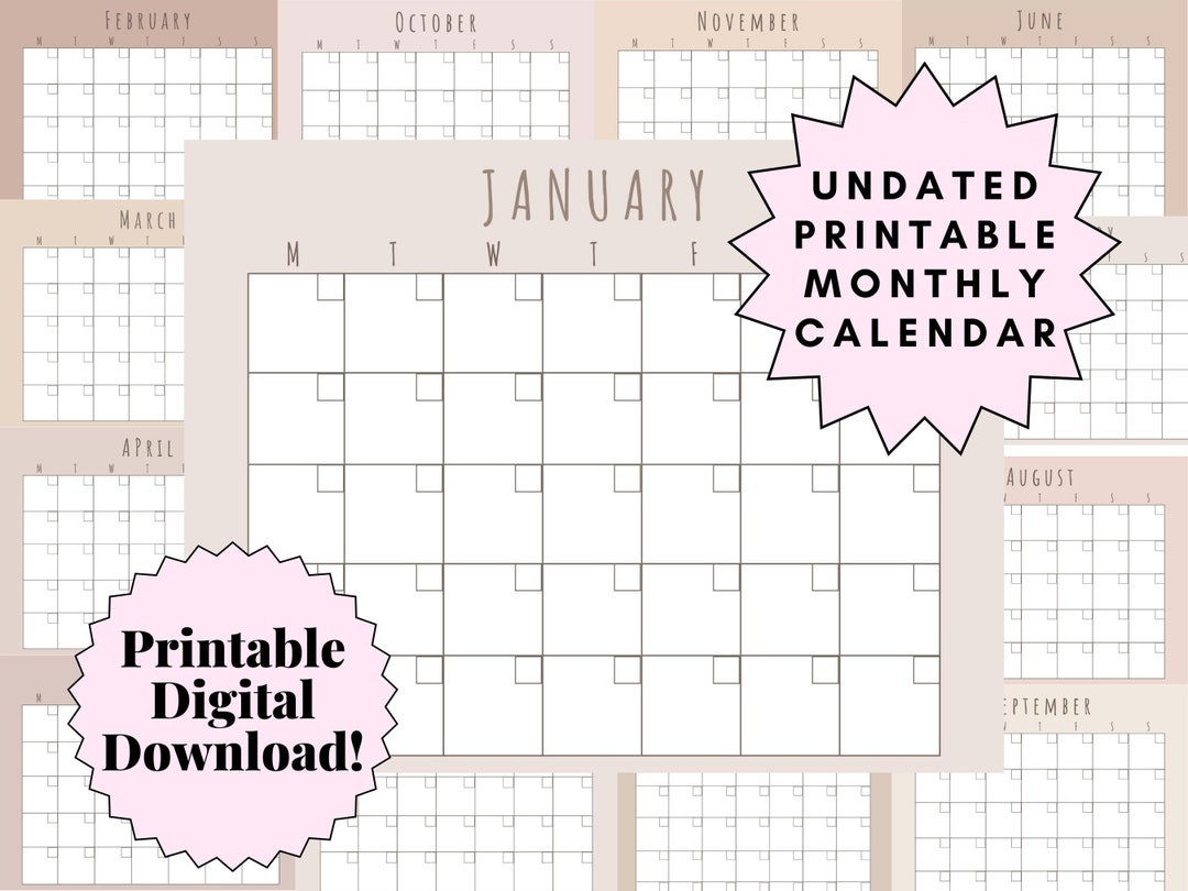 Undated Monthly Calendar, Neutral Theme, Organization, Printable ...