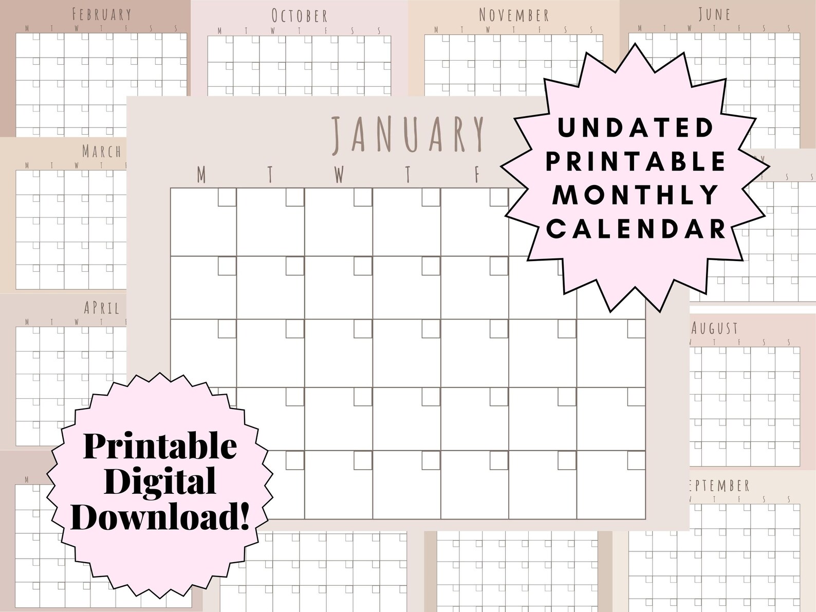 Undated Monthly Calendar, Neutral Theme, Organization, Printable ...