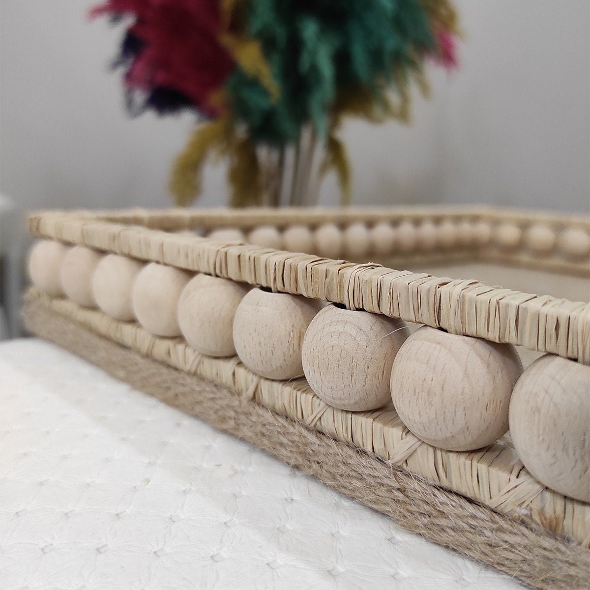 Wooden Beaded Straw Decorative Handmade Tray Different Size - Etsy