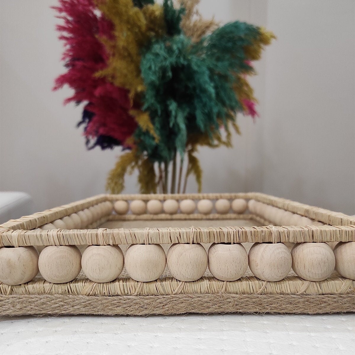Wooden Beaded Straw Decorative Handmade Tray Different Size - Etsy