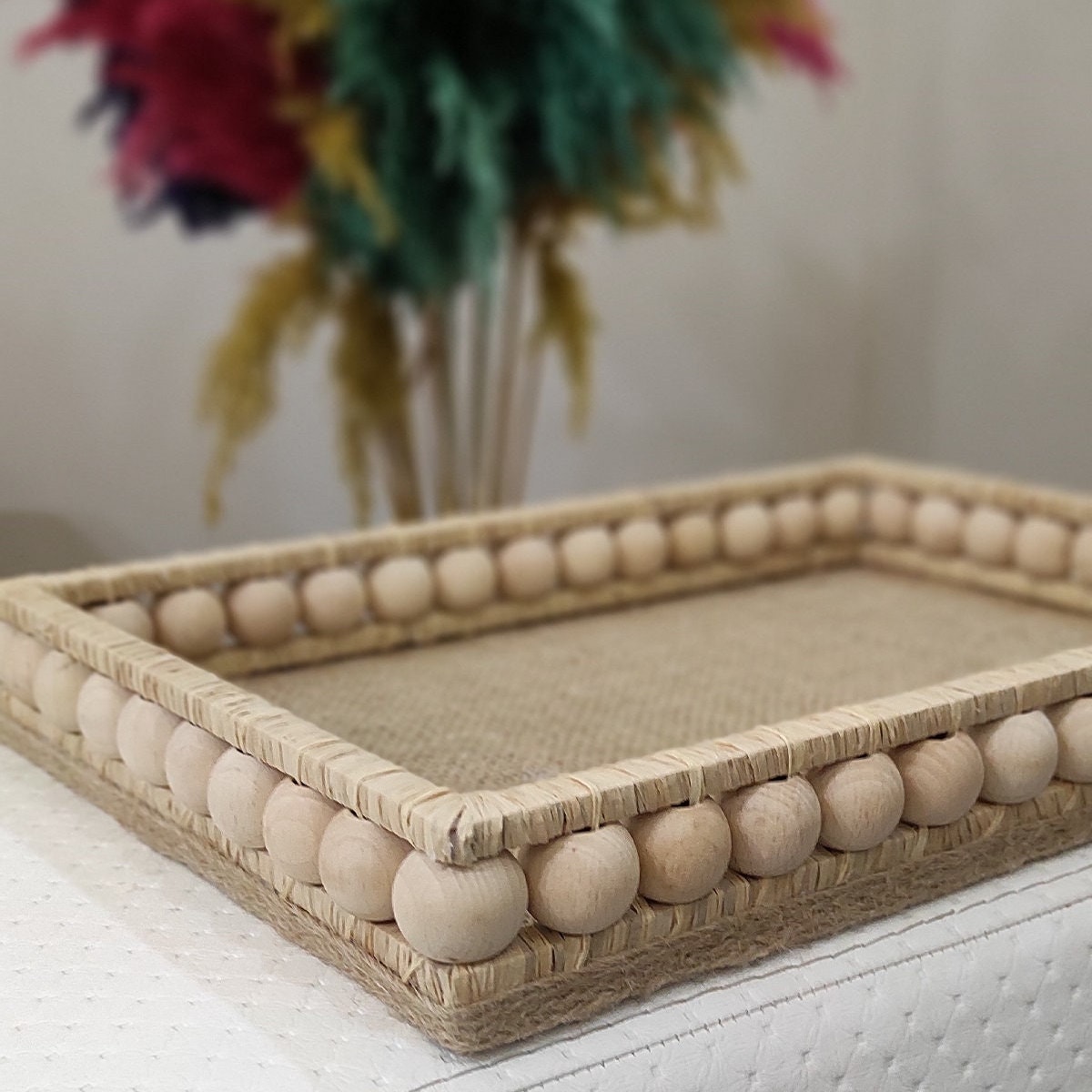 Wooden Beaded Straw Decorative Handmade Tray Different Size - Etsy