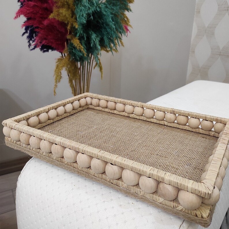 Wooden Beaded Straw Decorative Handmade Tray Different Size - Etsy