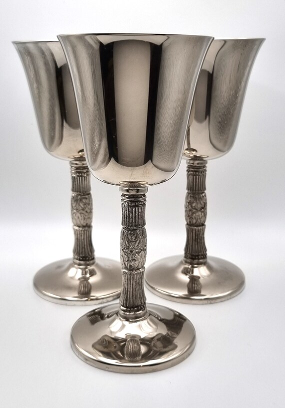 Vintage Silver Plated Goblets Set of 3 Decorative Stem Drinking Metal Glass Pretty English Sheffield Goblets Etsy UK