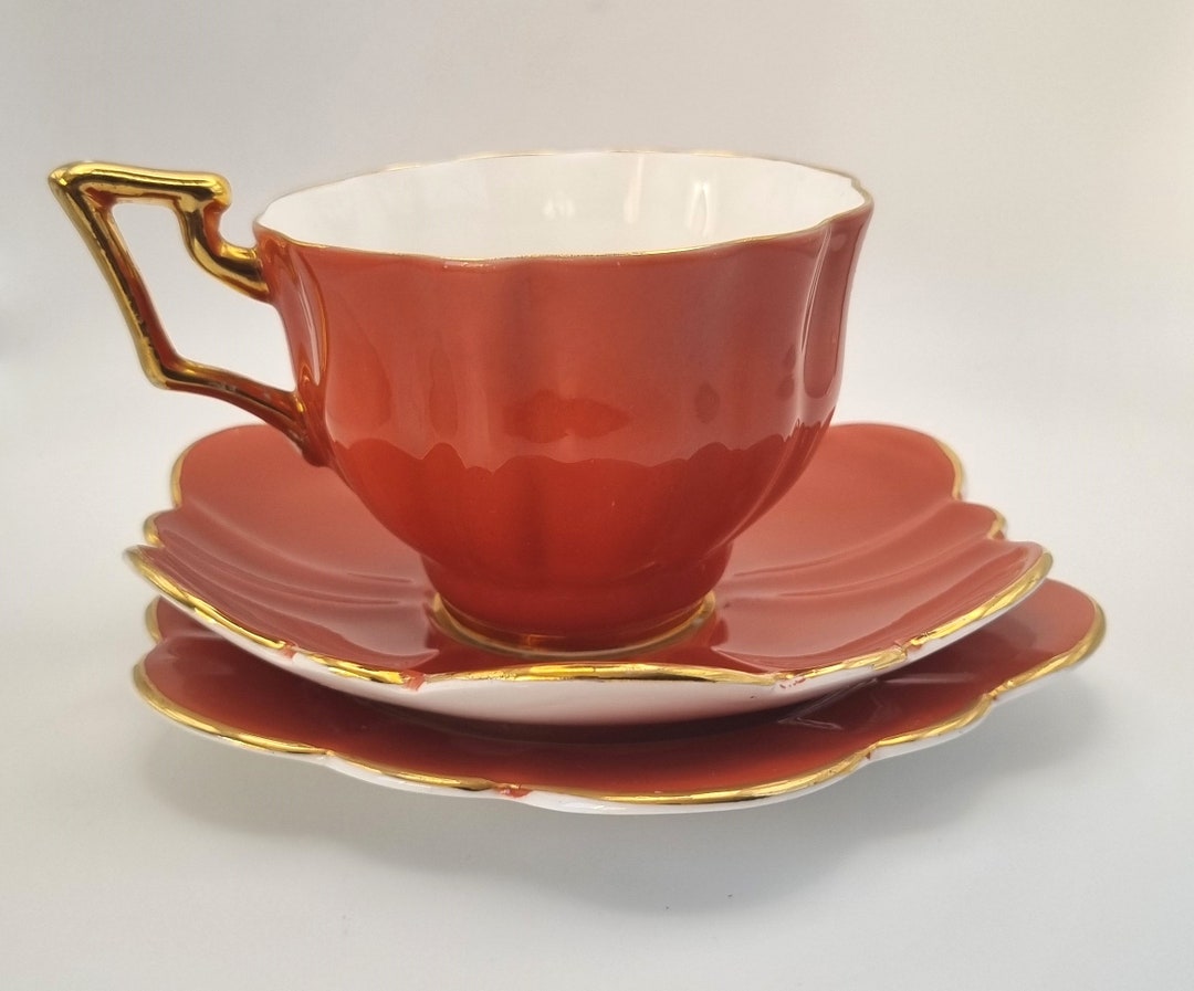Pretty Vintage Trio Set, Art Deco Orange Tea Cup Saucer Side Plate Trio ...