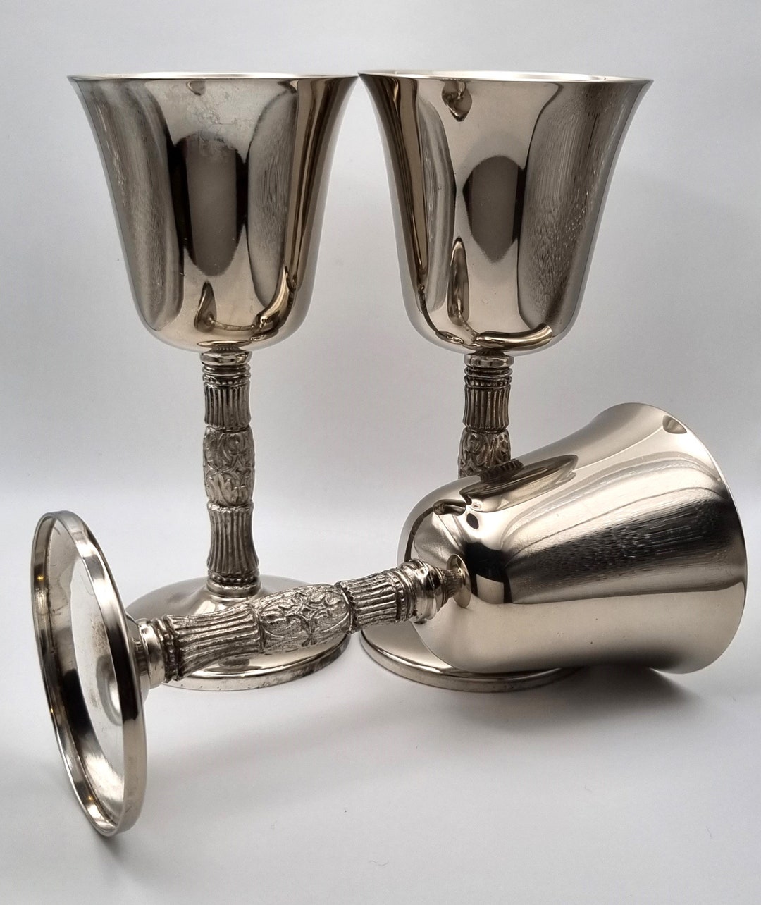 Vintage Silver Plated Goblets, Set of 3, Decorative Stem Drinking Metal ...