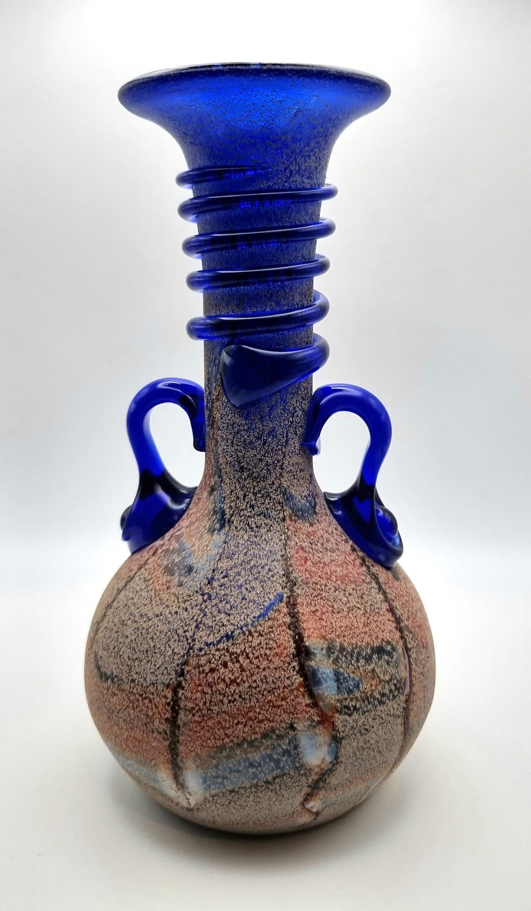 Lafiore Art Glass Scavo Glass Vase Cobalt Blue With Red-orange, Brown ...
