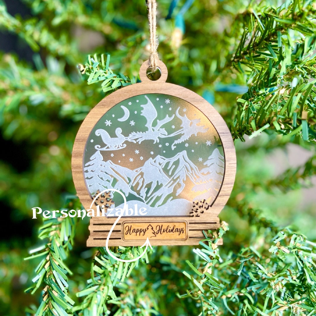Dragon Sleigh Over Mountains Snowglobe Shape Ornament | Personalizable ...