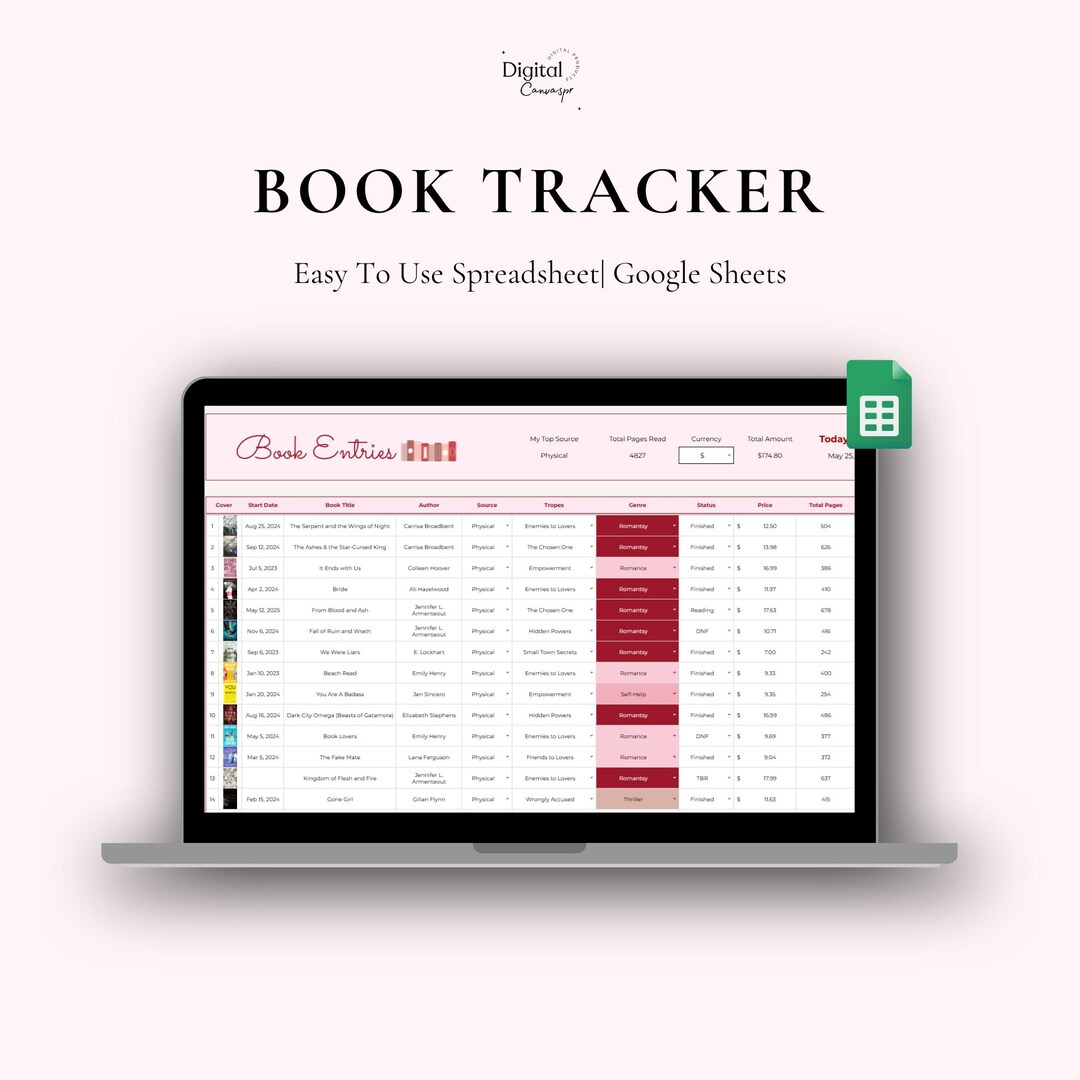 Book Tracker Spreadsheet | Digital Reading Journal & TBR Tracker ...