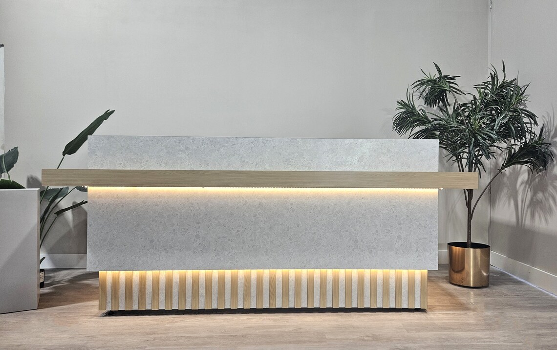 Opal Reception Desk (WHITE SHALESTONE 9525-34, 2 = 8844-WR Aged Ash ...