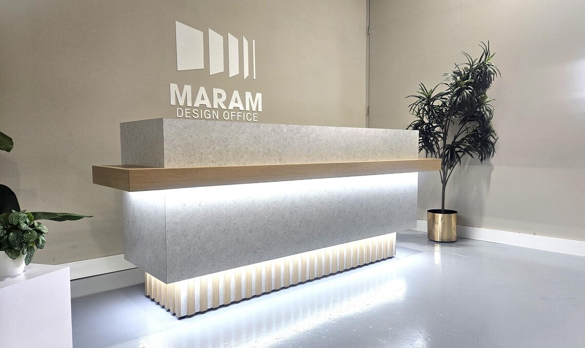 Opal Reception Desk (WHITE SHALESTONE 9525-34, 2 = 8844-WR Aged Ash ...